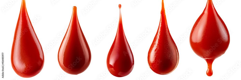Five drops of tomato sauce or ketchup in different stages isolated in ...