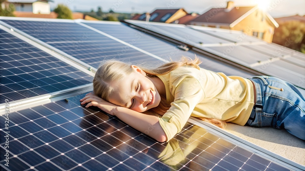 Foto de Cute girl lying on solar panels roof, shot with copy space ...