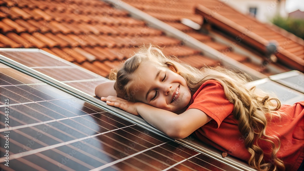 Cute girl lying on solar panels roof, shot with copy space. Rooftop ...