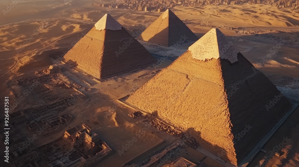 Aerial view of the Great Pyramids of Giza, with the vast desert ...