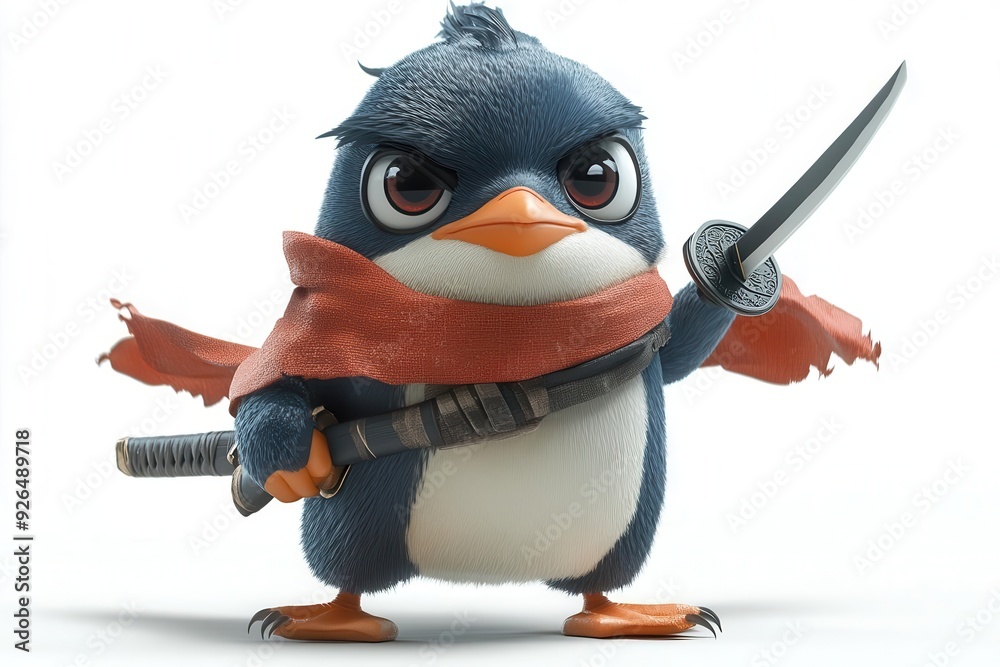 cartoon samurai penguin midkatana swing comical determined expression ...