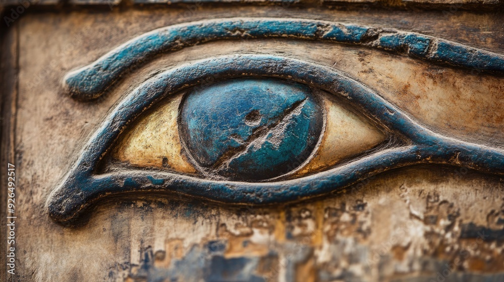 Detailed view of the Eye of Horus symbol on an ancient Egyptian relic ...