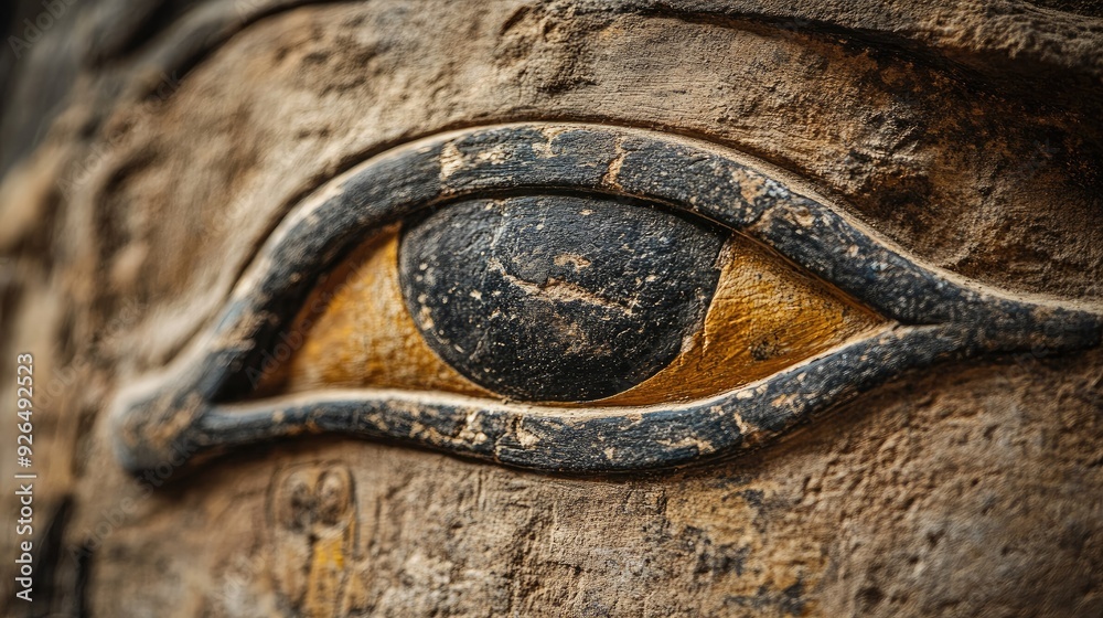 Detailed view of the Eye of Horus symbol on an ancient Egyptian relic ...