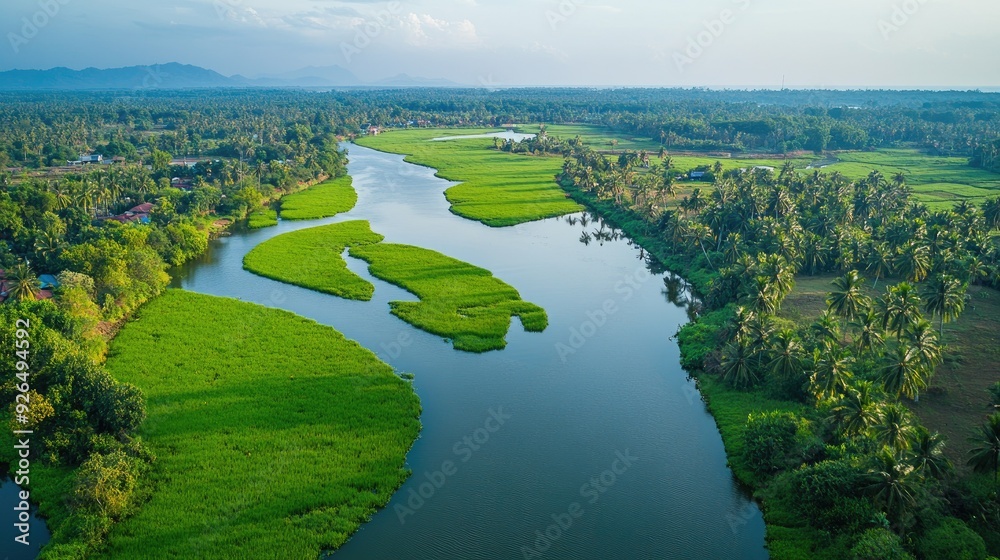 Overhead view of the backwaters of Kerala, with winding canals and lush ...