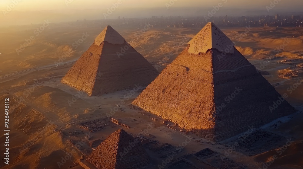Top view of the Pyramids of Giza at sunset, capturing the play of light ...
