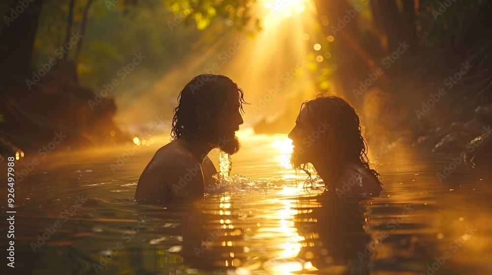 A spiritual moment with John baptizing Jesus in a calm river, pouring ...