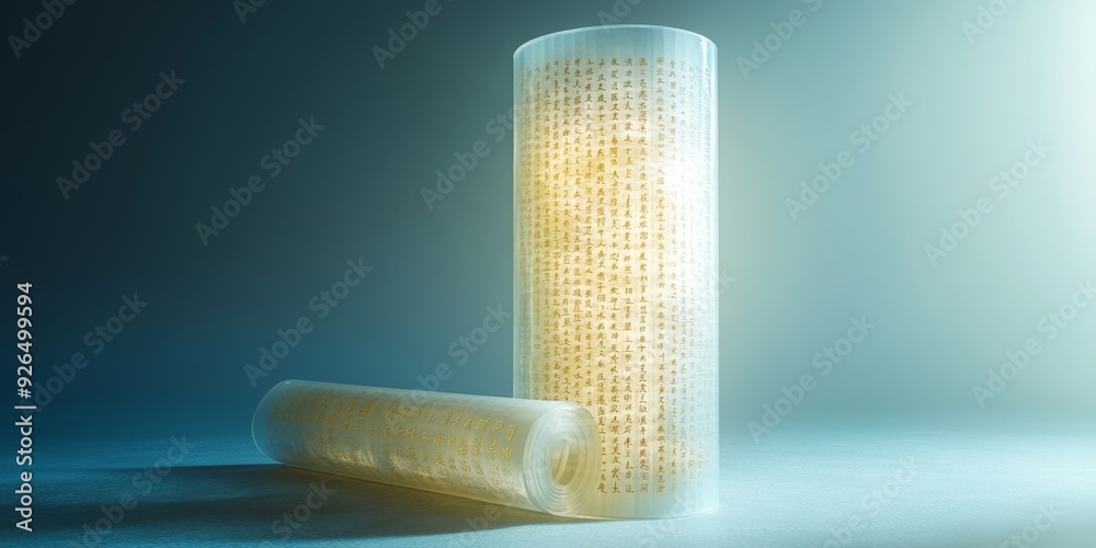 Futuristic Ancient Scroll: 3D Glass Sculpture with Golden Chinese ...
