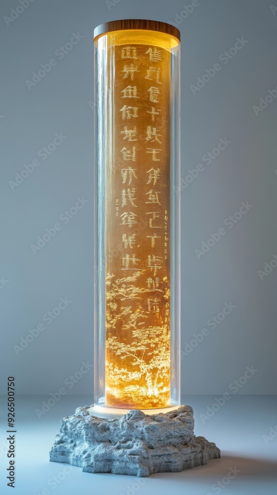 Futuristic Ancient Scroll: 3D Glass Sculpture with Golden Chinese ...
