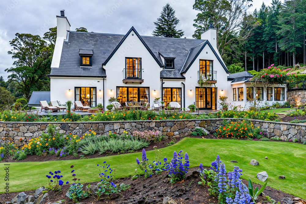 Luxury countryside estate home, two story, white stucco, gray slate ...