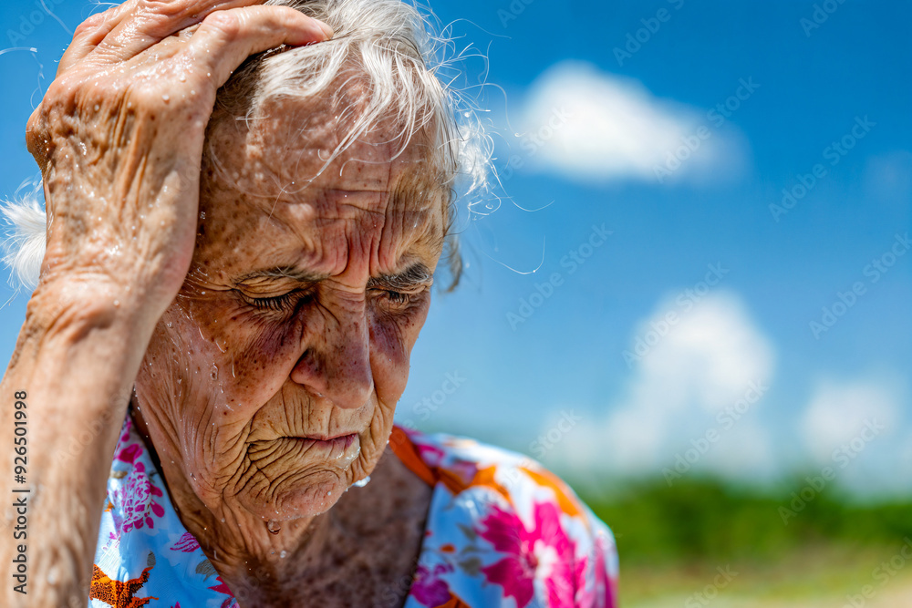 Elderly woman sweating experiencing heat stroke, heat exhaustion ...