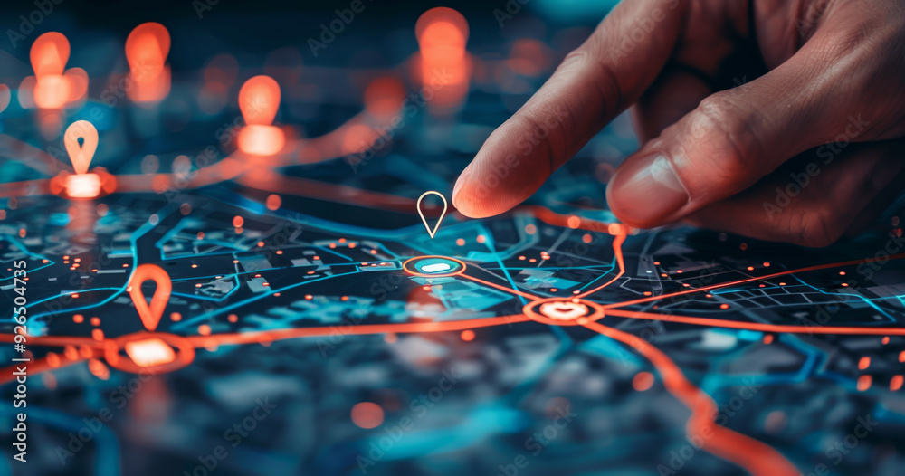 A close-up of an AI-powered map with pin symbols highlighting different ...