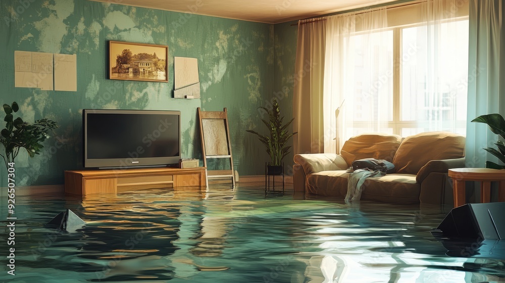 Flooded living room with water covering the floor, illustrating the ...