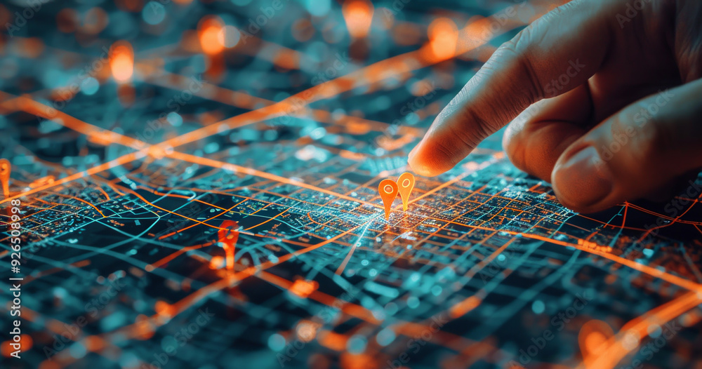 A close-up of an AI-powered map with pin symbols highlighting different ...