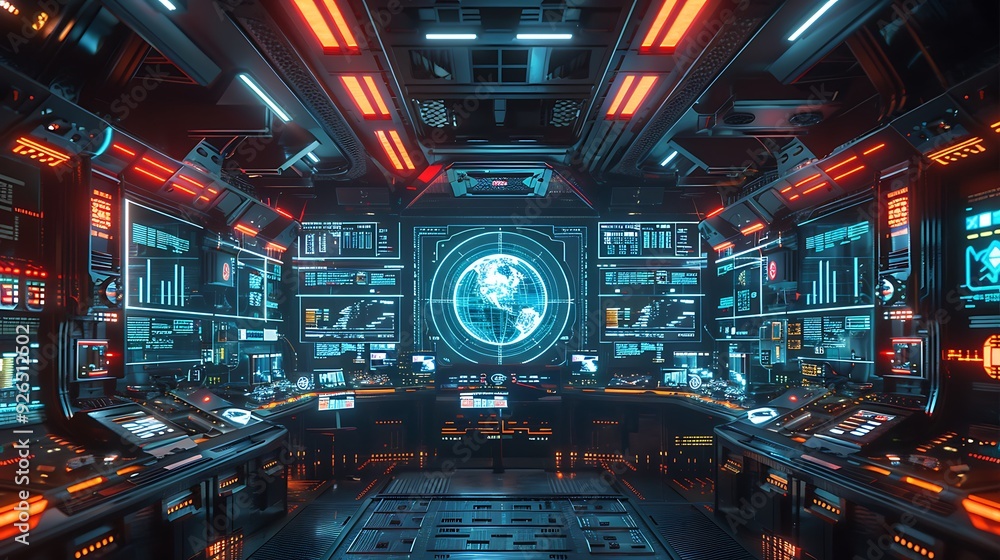 A futuristic command center with AI analyzing cyber threats, featuring ...