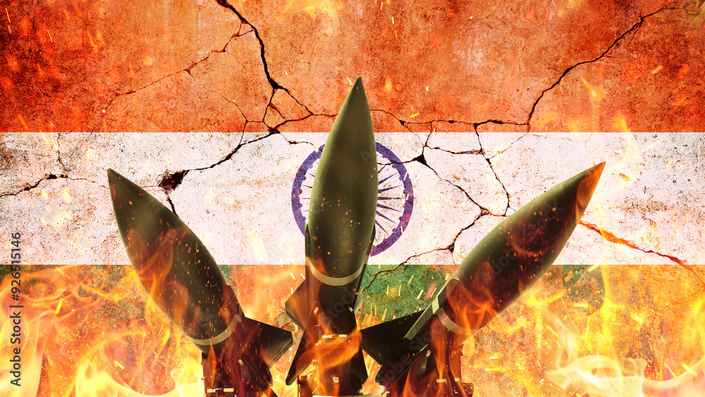 Rockets on fire against the backdrop of the Indian flag on a cracked ...
