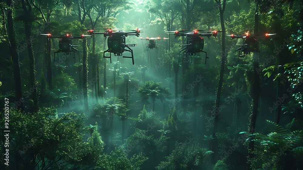 AI-driven drones collecting environmental data over a dense forest ...