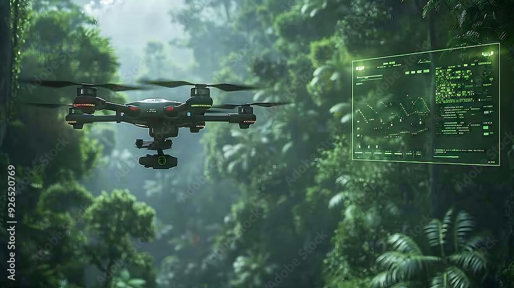 AI-driven drones collecting environmental data over a dense forest ...
