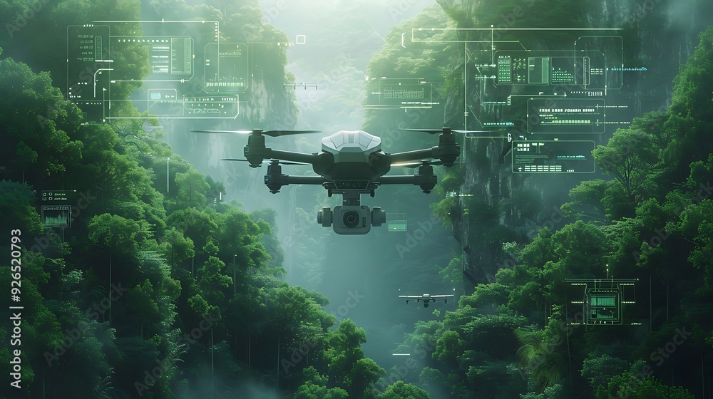 AI-driven drones collecting environmental data over a dense forest ...