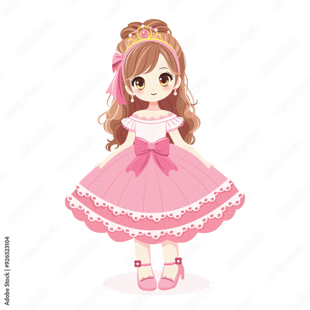 Cute princess with beautiful eyes in a pink dress and a crown. Isolate ...