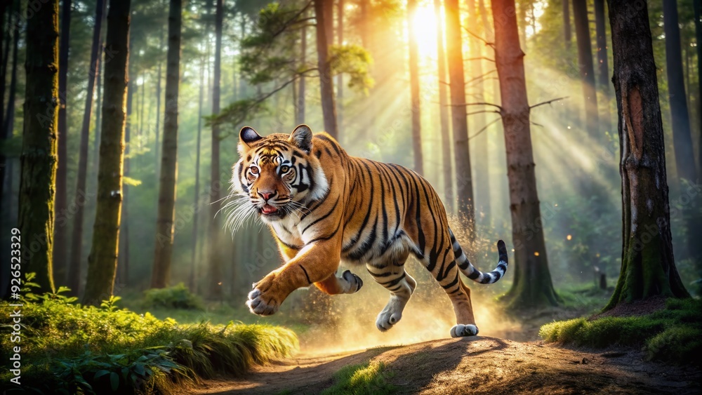 Majestic tiger sprints through dense forest, powerful legs propelling ...