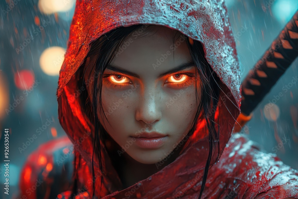 cyberpunk female ninja warrior with neonlit cybernetic implants intense ...