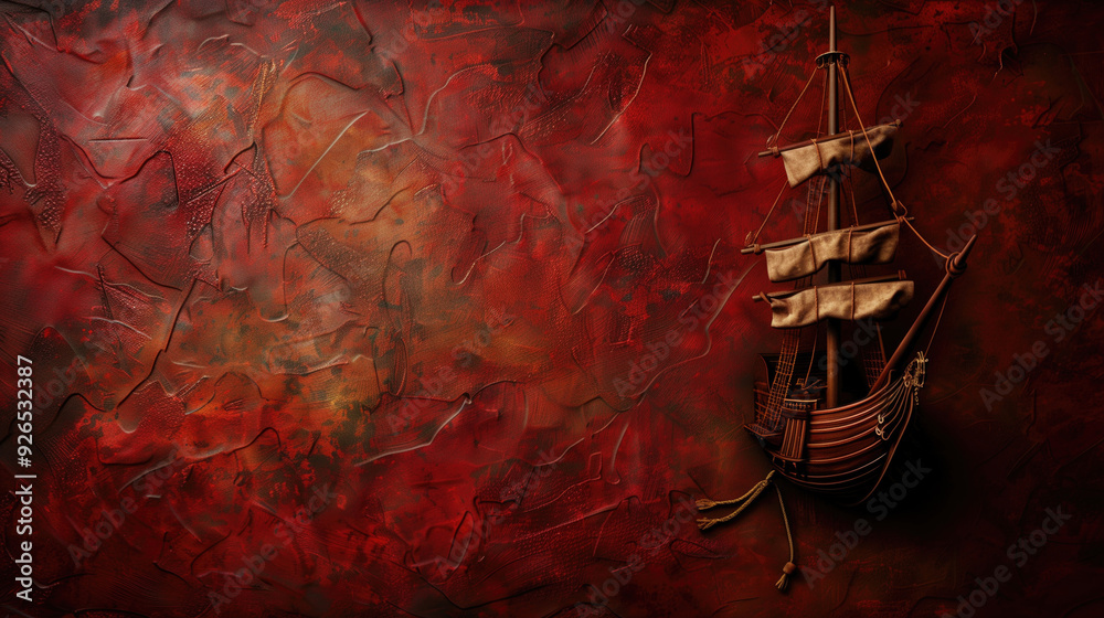 Detailed model of an old sailing ship against a vibrant textured red ...