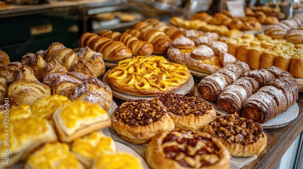 Assorted pastries and bread on display at a bakery in Porto, Portugal ...