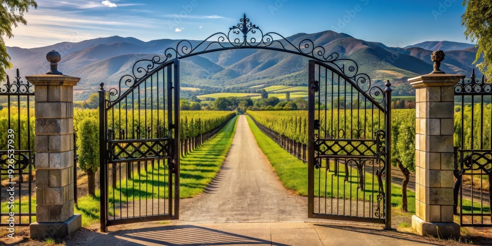 Wrought iron gates leading to a scenic vineyard path with mountains in ...