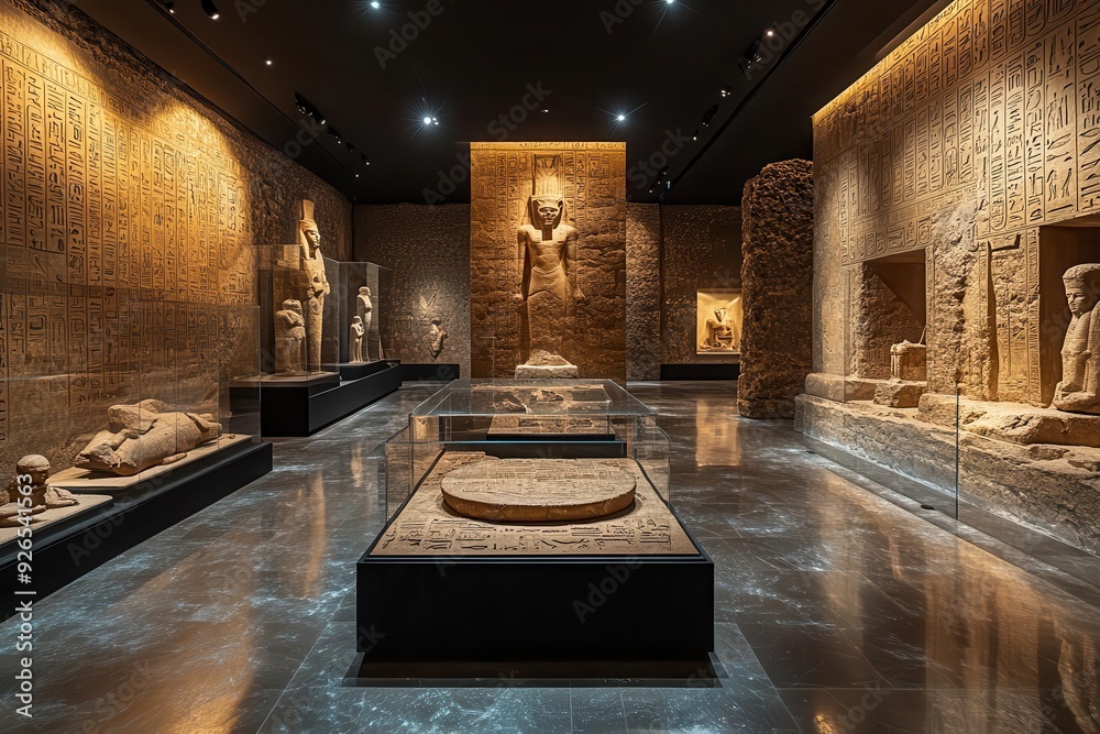 dramatic photograph of ancient egyptian pharaoh reliefs in a museum ...