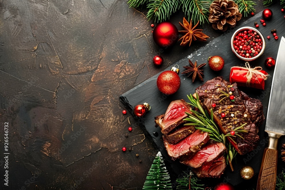 Christmas Dinner for Two. Baked Beef on the Bone with Spices on a Stone ...