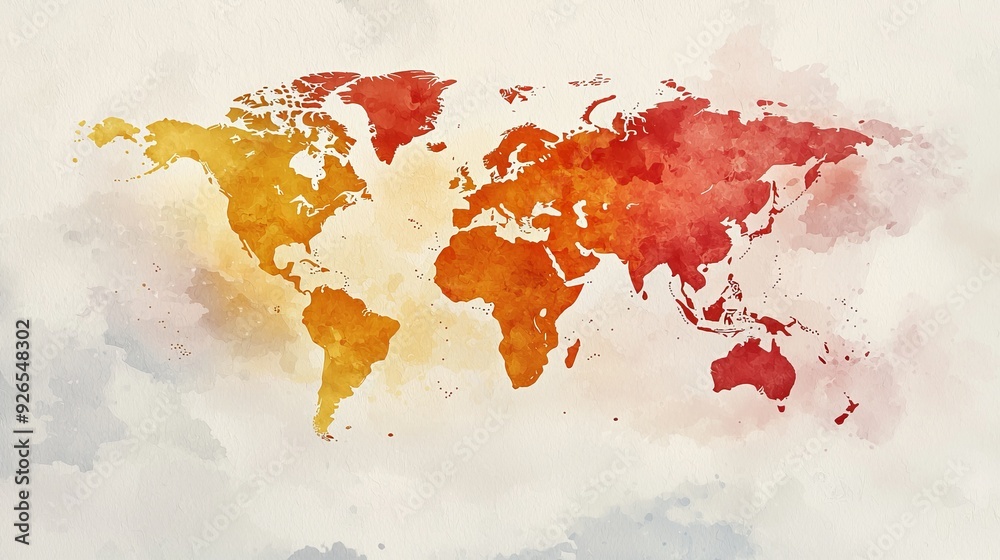 Hand-painted watercolor world map with subtle gradients for global ...