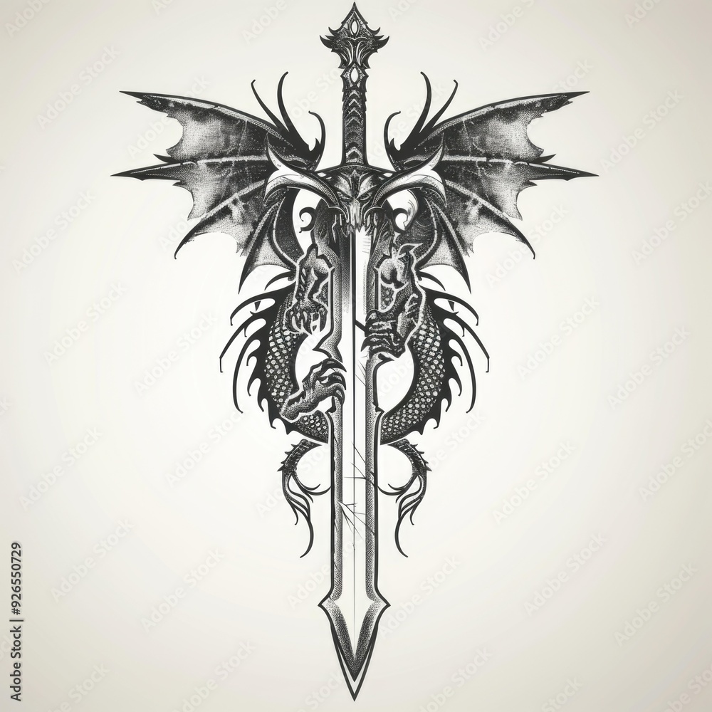 An intricate black and white design featuring a double-headed dragon ...