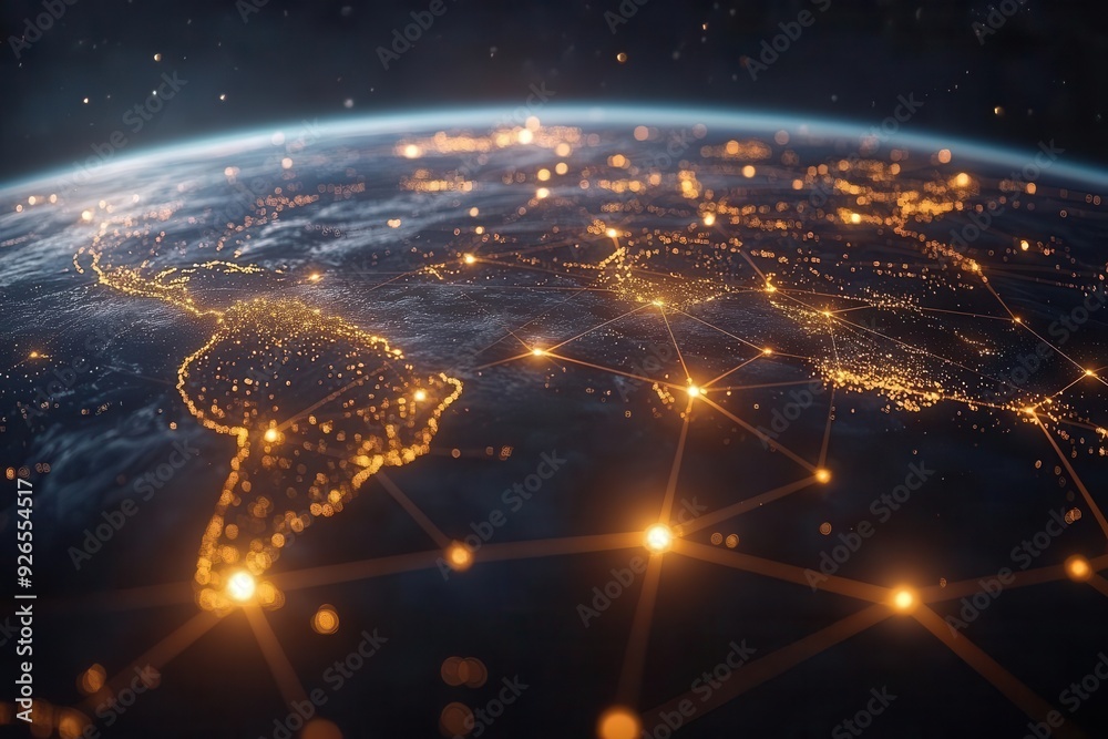 earth at night from space glowing city lights outlining continents global network connections ...