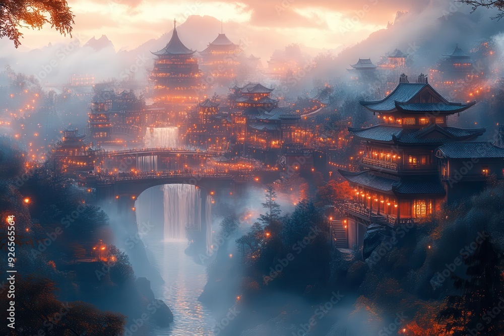 enchanted mountain citadel with winding river stone bridges connecting ...