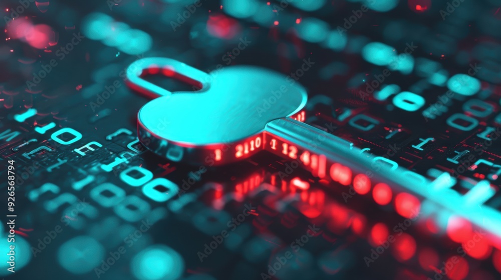 A symbolic image of password security, featuring a key icon and digital binary code elements ...