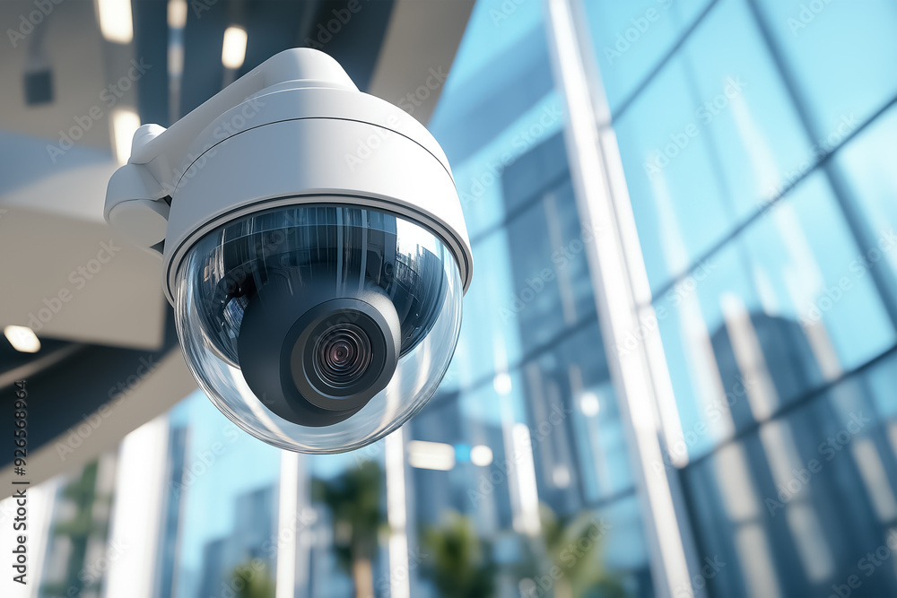 Security camera mounted on a wall monitors a modern, bright lobby with ...