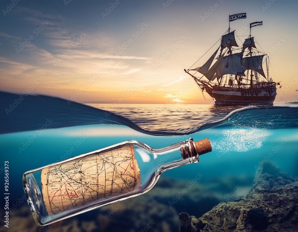 A bottle with a map inside is floating towards a pirate ship, hinting ...