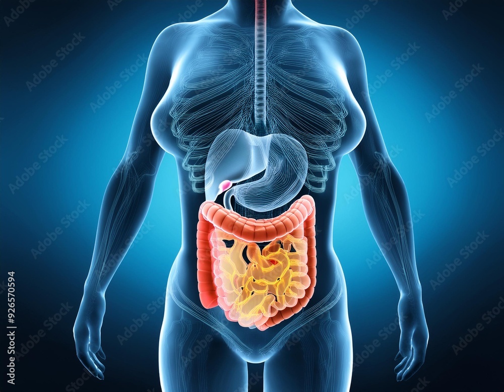 A healthy digestive system for women, shown as a gastroenterology tract ...