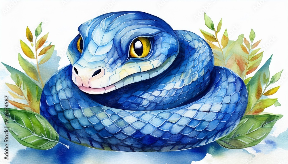 Adorable blue snake from a beautiful watercolor painting. It represents ...