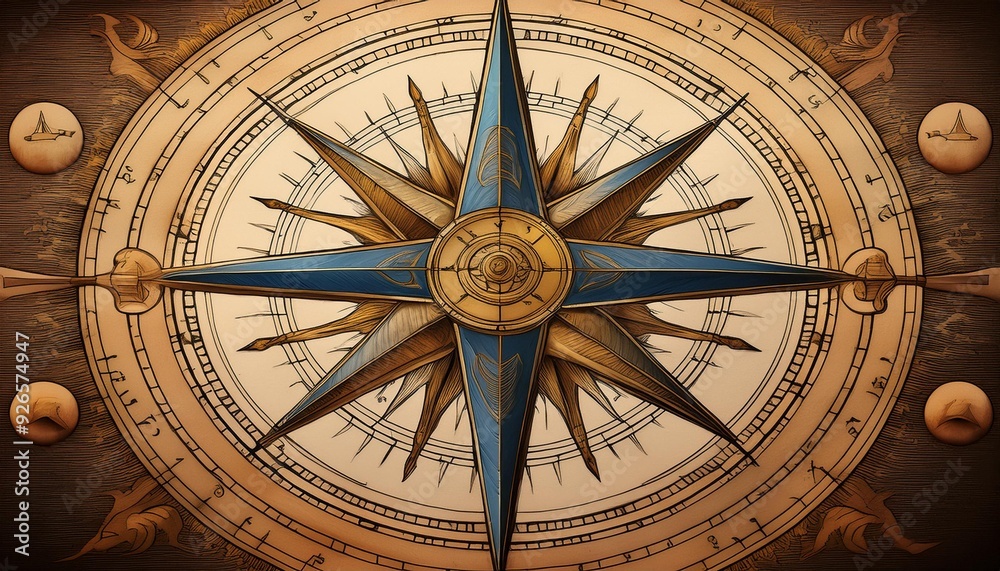 An ancient compass rose is a circular drawing on a map that shows the ...