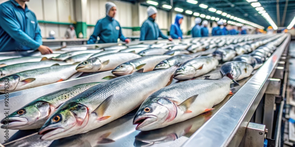 Row of freshly caught salmon being processed at a fish factory, salmon ...