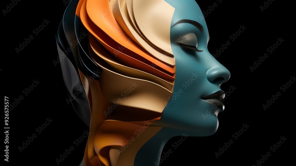 Composite portrait flat design side view blended faces 3D render ...