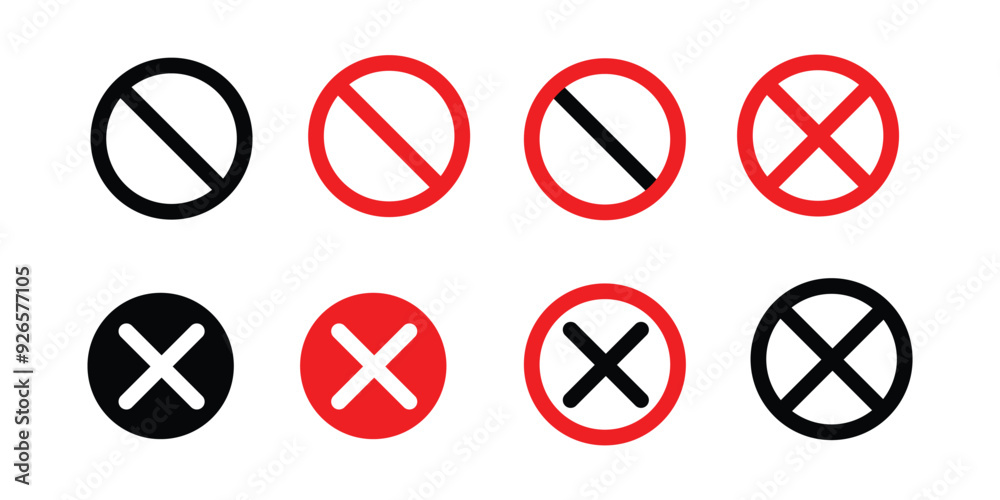 red and black forbidden thin circle cross flat icon. No sign. Restrict ...