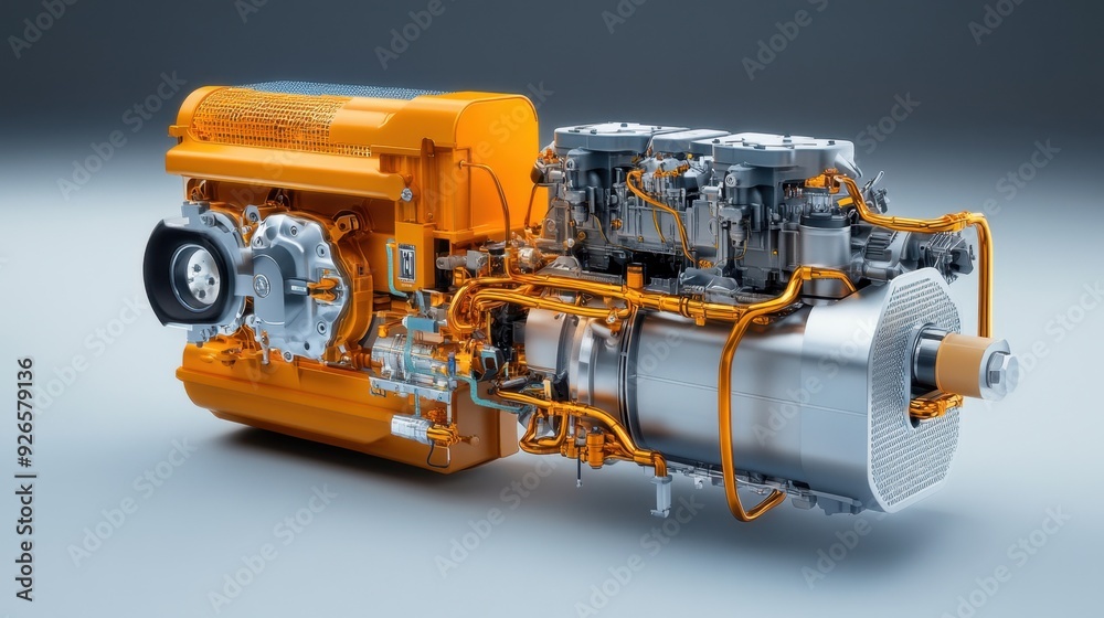 A cross-section of a hybrid bus engine, displaying the electric motor ...