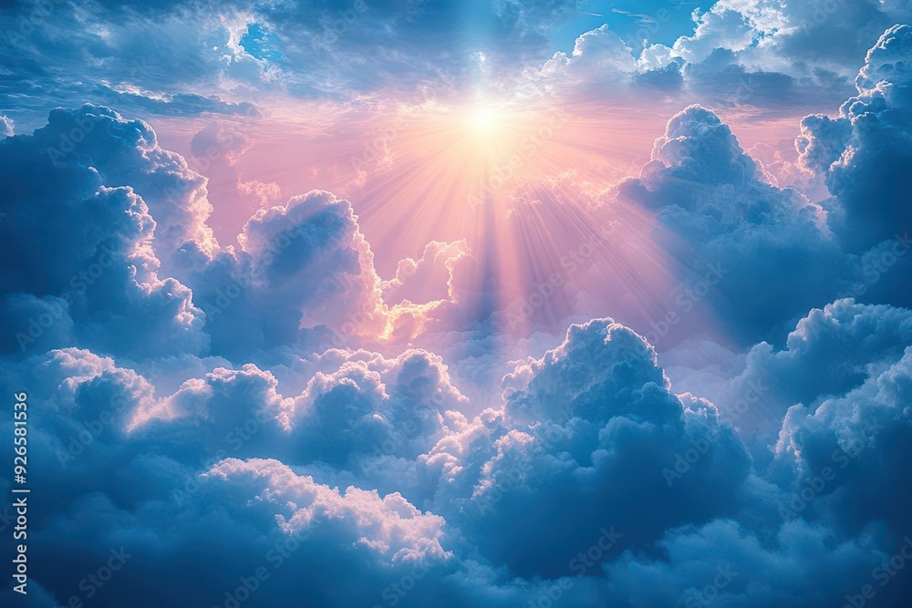 ethereal scene of divine light rays piercing through clouds symbolic ...