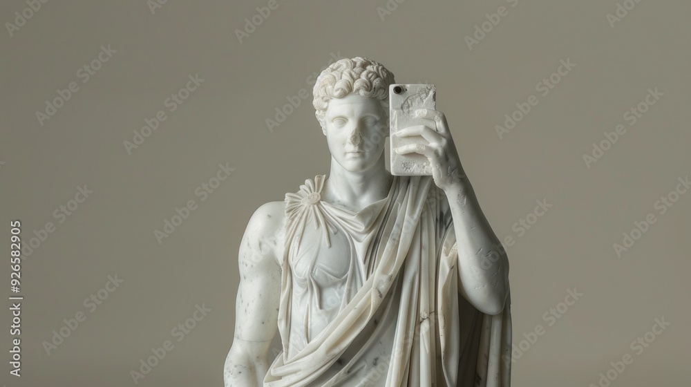 Ancient Greek statue taking a selfie with a smartphone. Concept of self ...