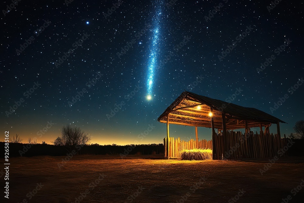 ethereal empty manger bathed in the light of a brilliant comet rich ...