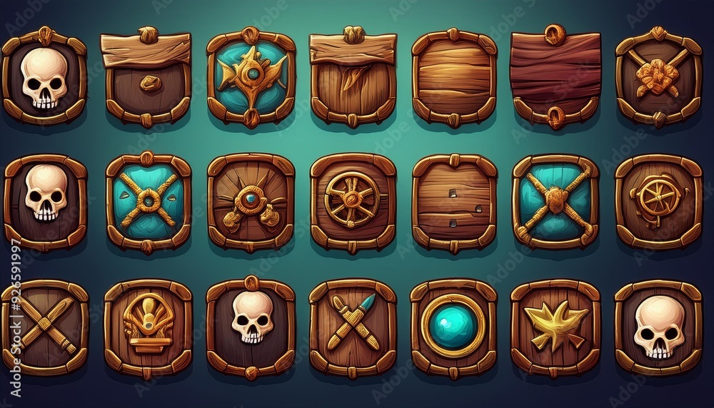 Pirate-themed game interface icons, like a wooden menu panel, victory ...