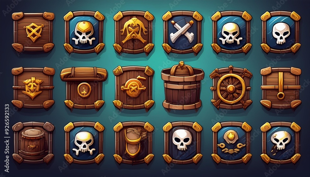 Pirate-themed game interface icons, like a wooden menu panel, victory ...