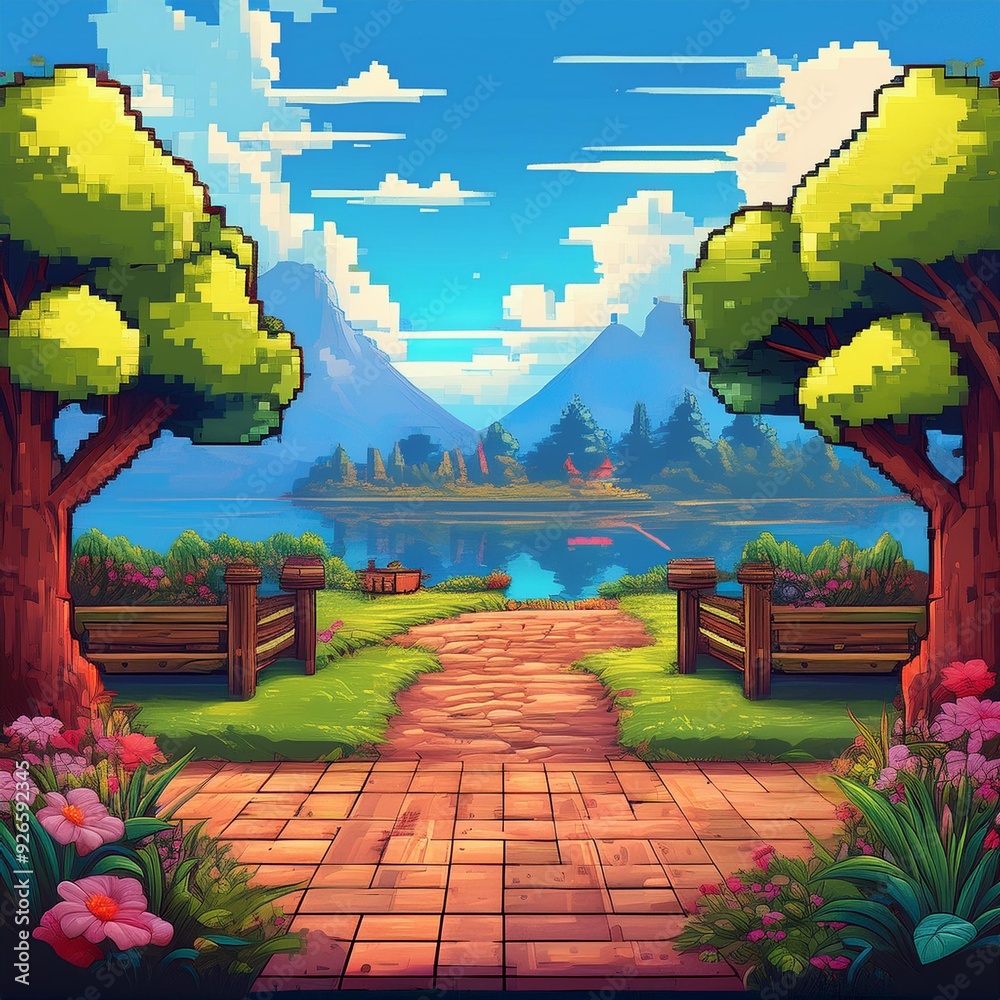 Pixel art with an outdoor setting. Colorful pixelated screen for games ...